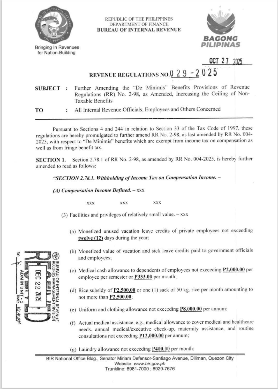 BIR Issues RR 029-2025: De Minimis Benefit Ceilings Officially Raised ...